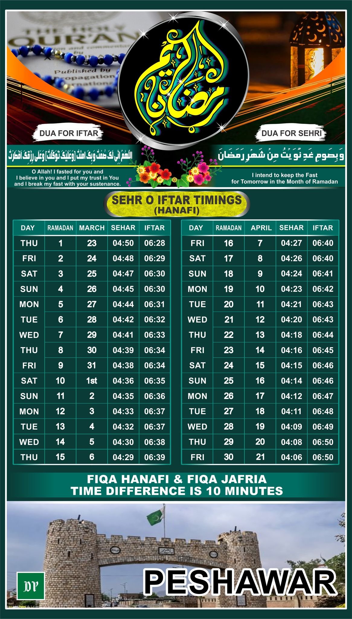 New Sehri O Aftari Timings in Peshawar April 2023