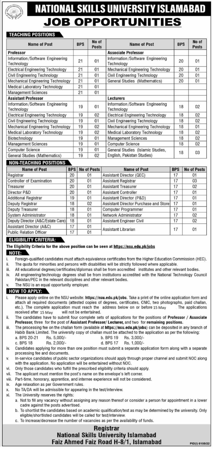Latest Jobs at National Skill University Islamabad 2023