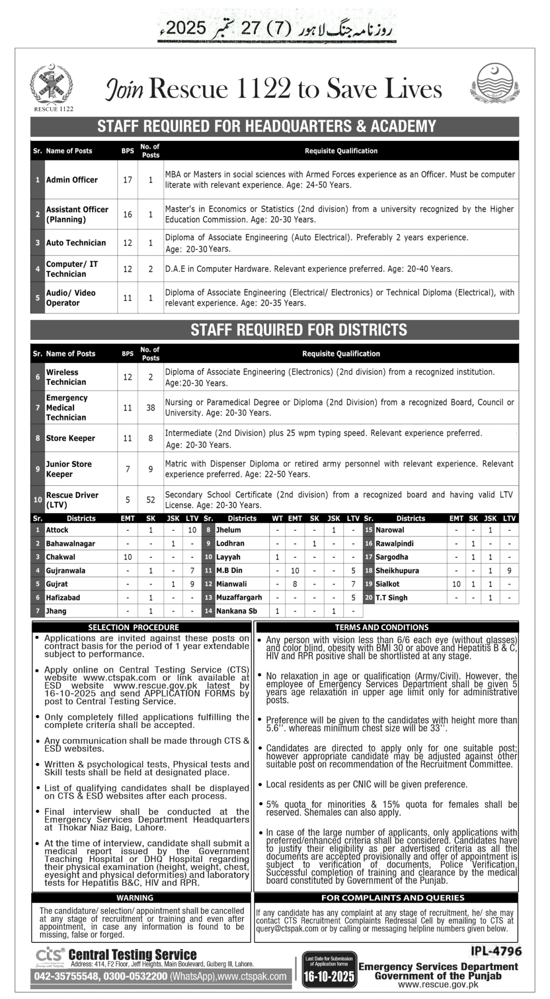 Rescue 1122 Jobs 2026 Latest Advertisement | CTS Online Registration ...